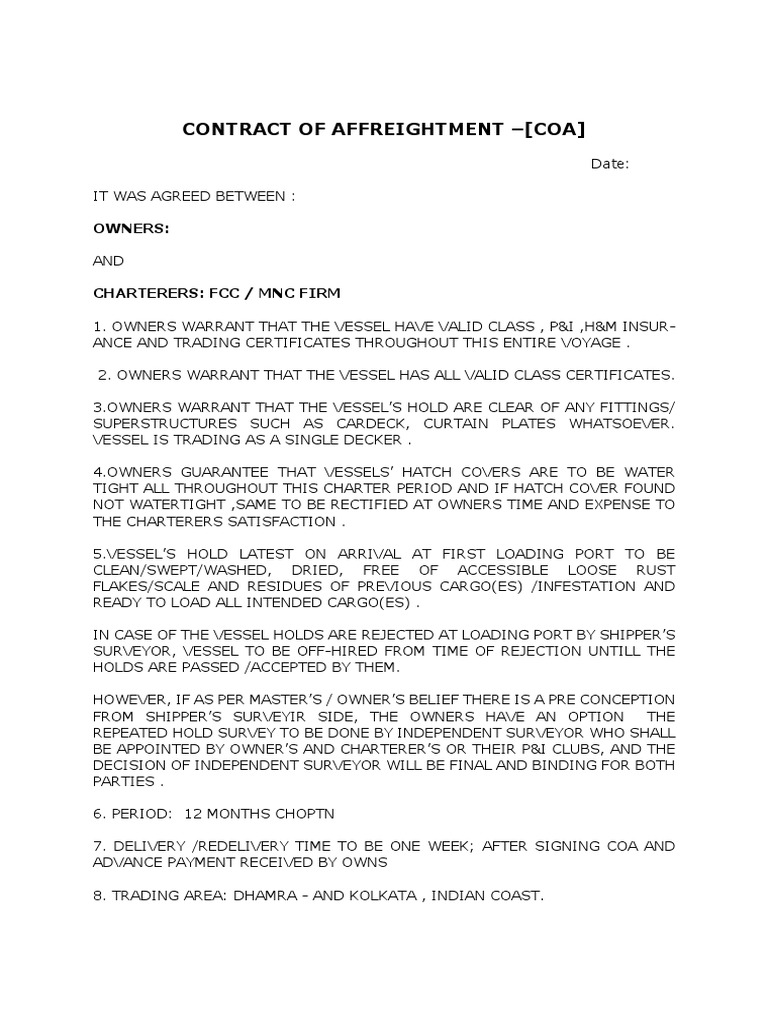 Draft CP Terms For COAL COA | PDF | Cargo | Freight Transport