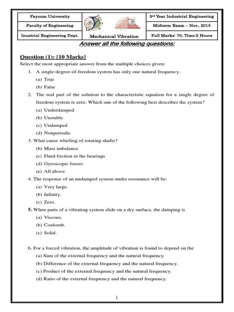Midterm Exam Vib 3 Industrial 2015 | PDF | Force | Physical Quantities