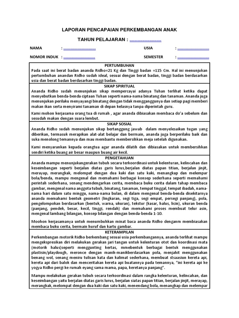 File Laporan Pencapaian Perkembangan Anak Narasi Raport Paud | PDF