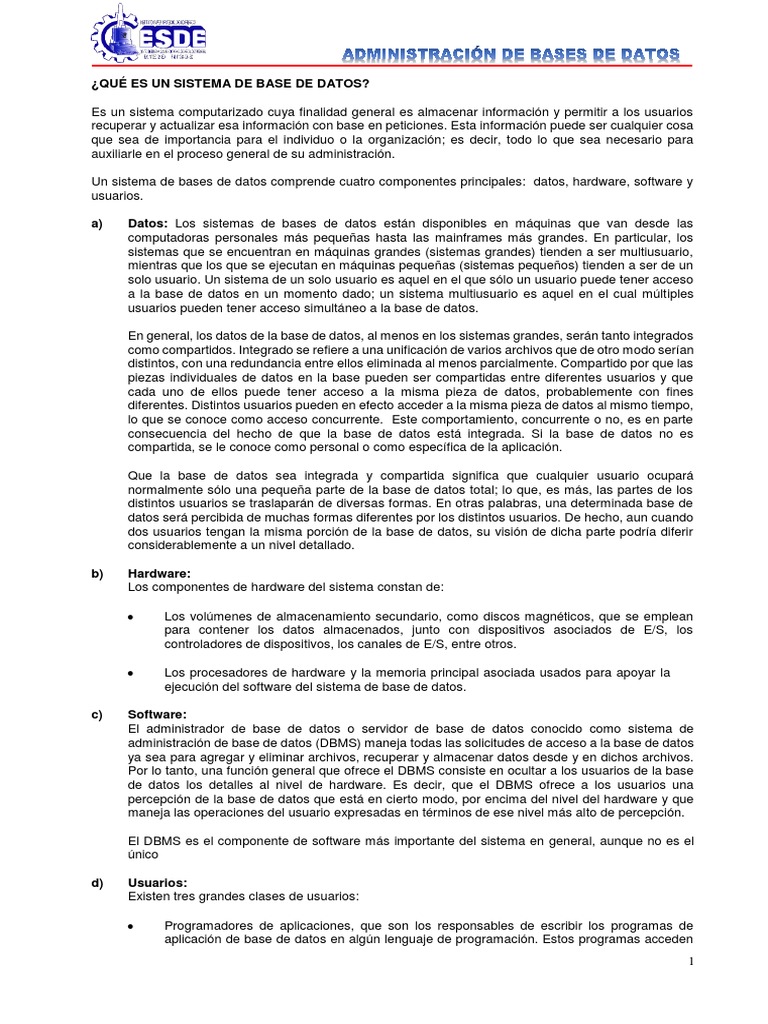 Administración de Bases de Datos - Separata | PDF | Teoría del modelo | Bases de datos