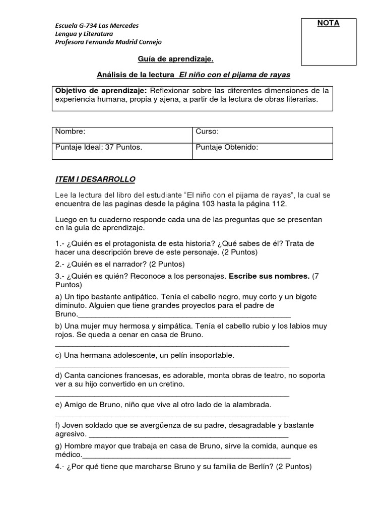 Cuestionario El Nino Con El Pijama de Rayas | PDF