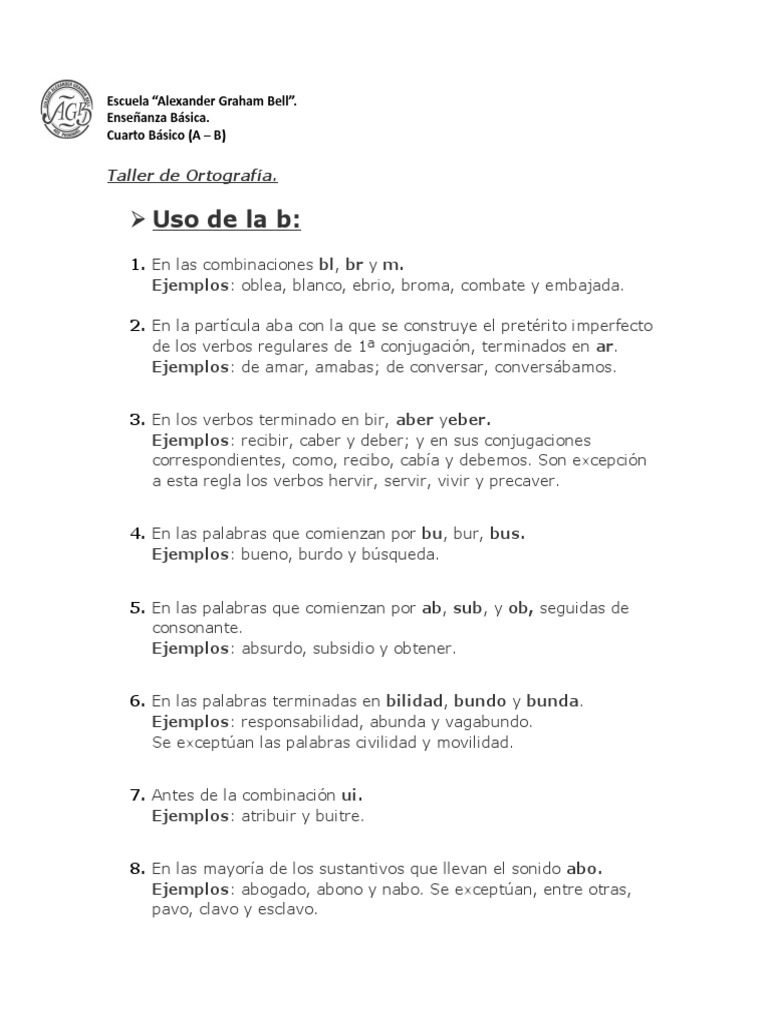 Uso de La B:: Taller de Ortografía | PDF