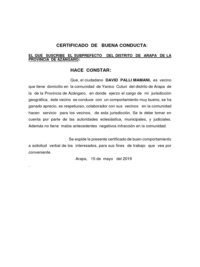 Certificado de Buena Conducta de David Palli Mamani | PDF