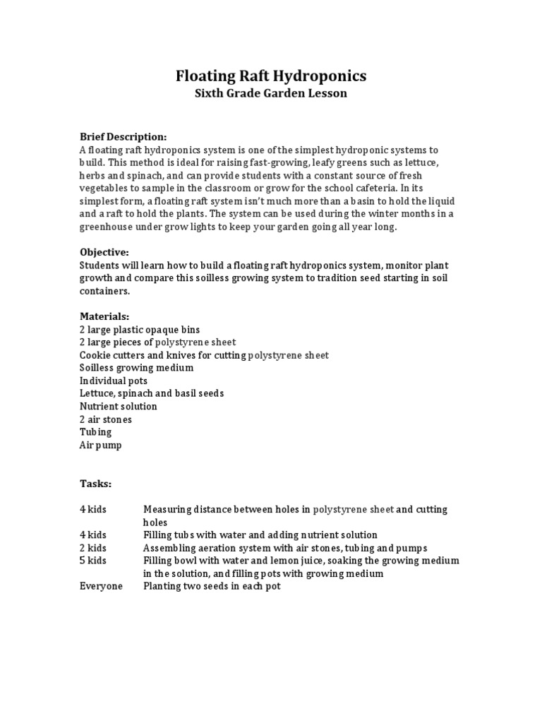 Floating Raft Hydroponics: Sixth Grade Garden Lesson | PDF ...