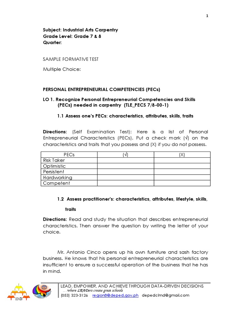 Test Item Bank - Carpentry | PDF | Entrepreneurship | Occupational ...