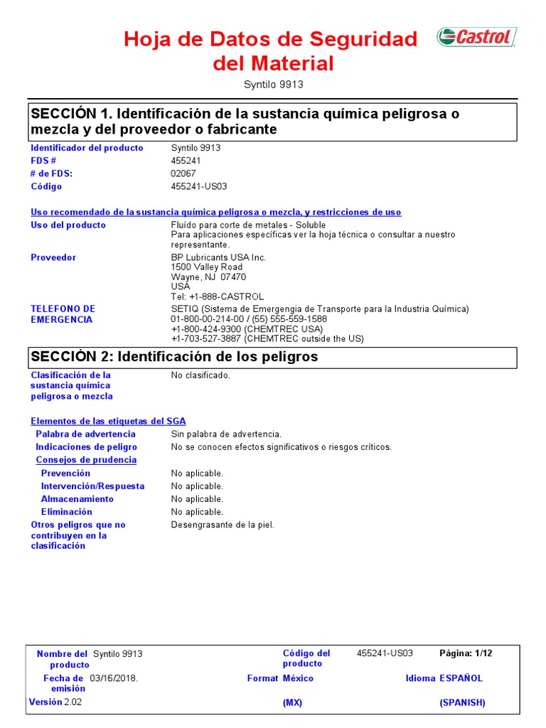 Hoja de Seguridad Syntilo 9913 | PDF | Residuos | Contaminación