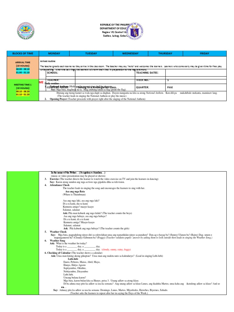 A Sample Daily Lesson Plan and Schedule for Kindergarten Students | PDF