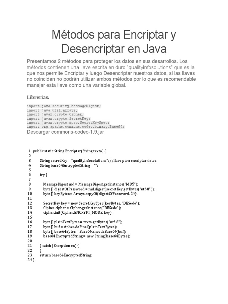 Métodos para Encriptar y Desencriptar en Java | PDF | Java (lenguaje de programación ...