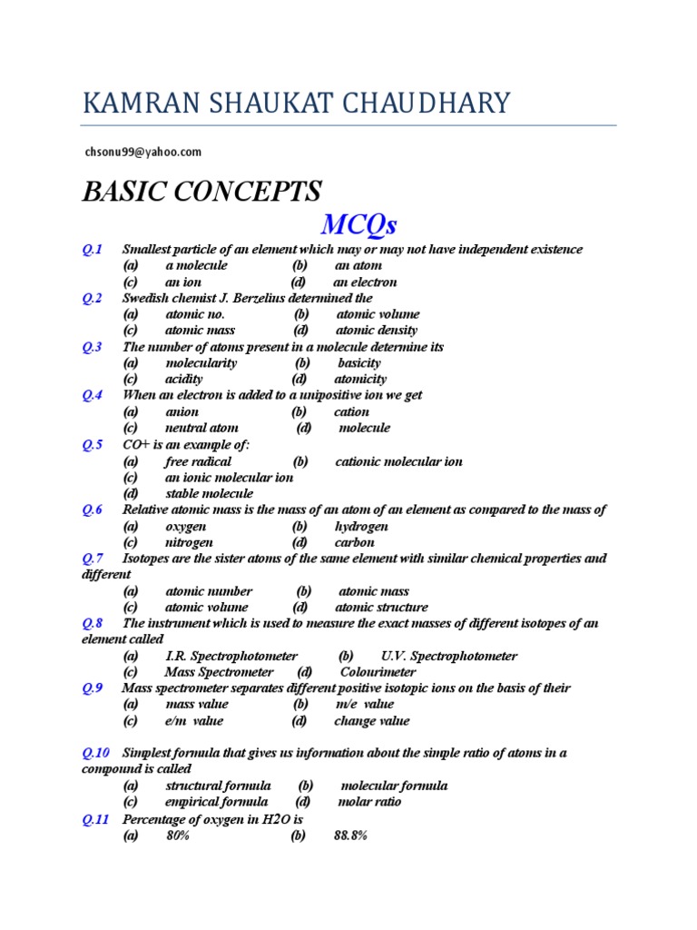 Basic Chemistry MCQs Guide | PDF | Atoms | Chromatography