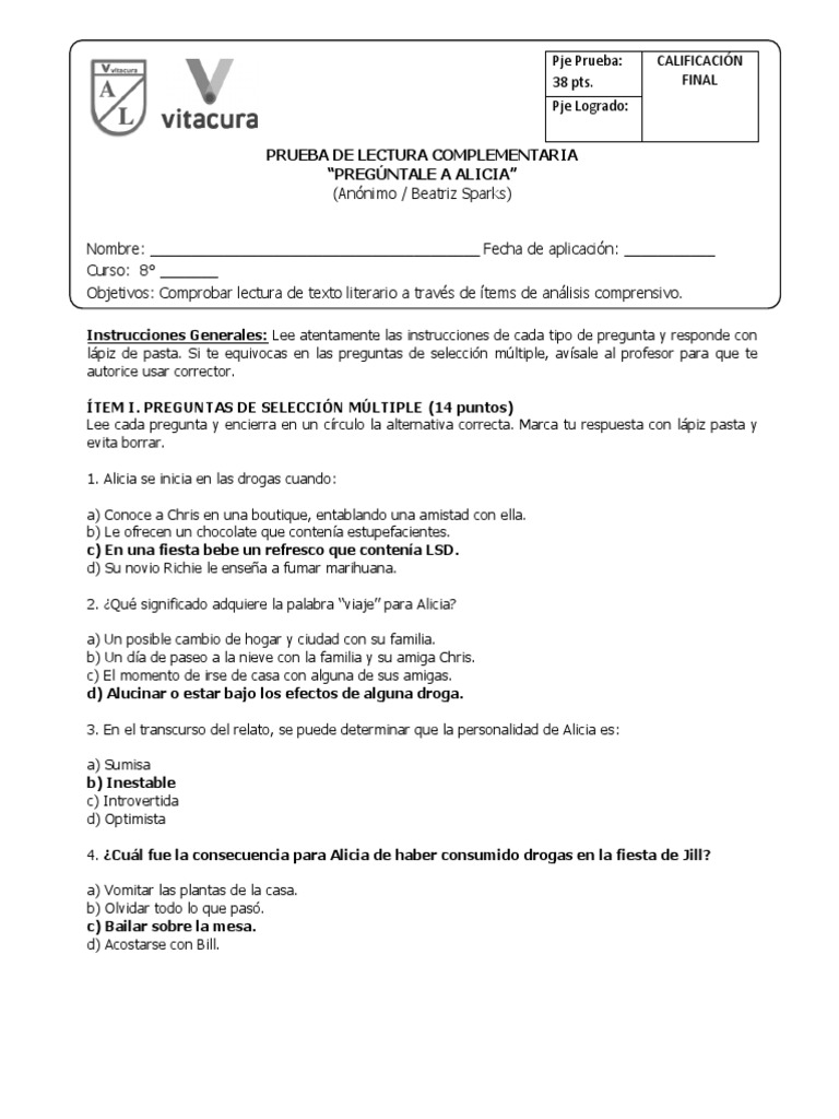 Prueba - Pregúntale A Alicia - 8°2019 PAUTA | PDF | Bienestar | Medicina