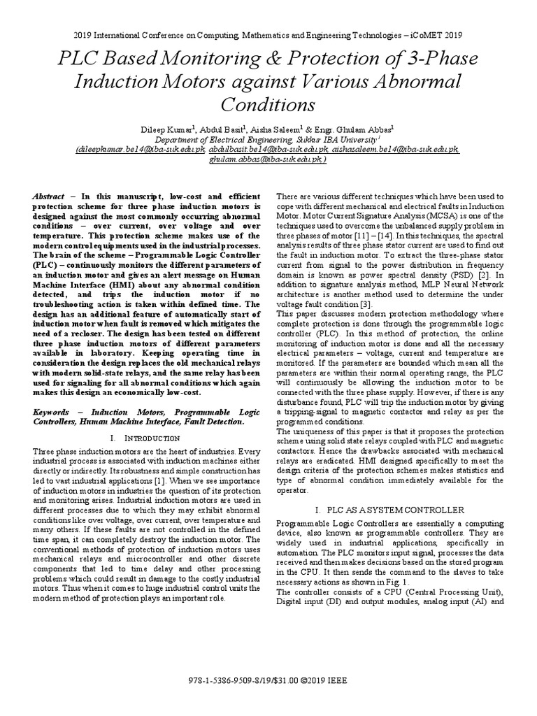 PLC Based Monitoring & Protection of 3-Phase Induction Motors Against ...
