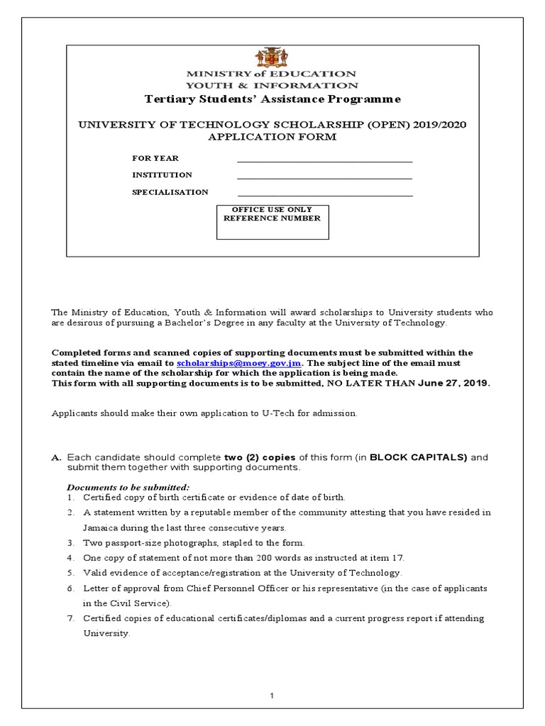 U-Tech Open Scholarship Application Form | PDF | Institute Of ...
