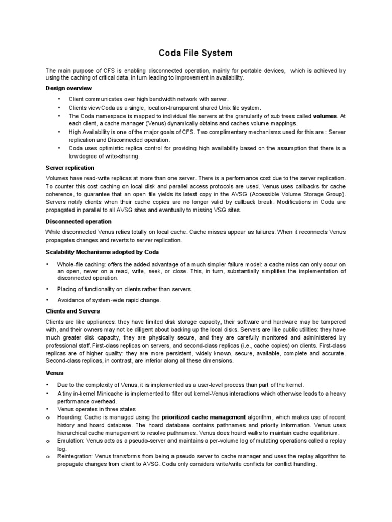 Coda File System: Design Overview | PDF | Cache (Computing ...