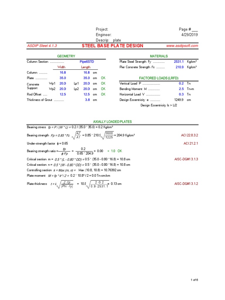 Steel Plate Design Calculations | PDF | Bending | Column