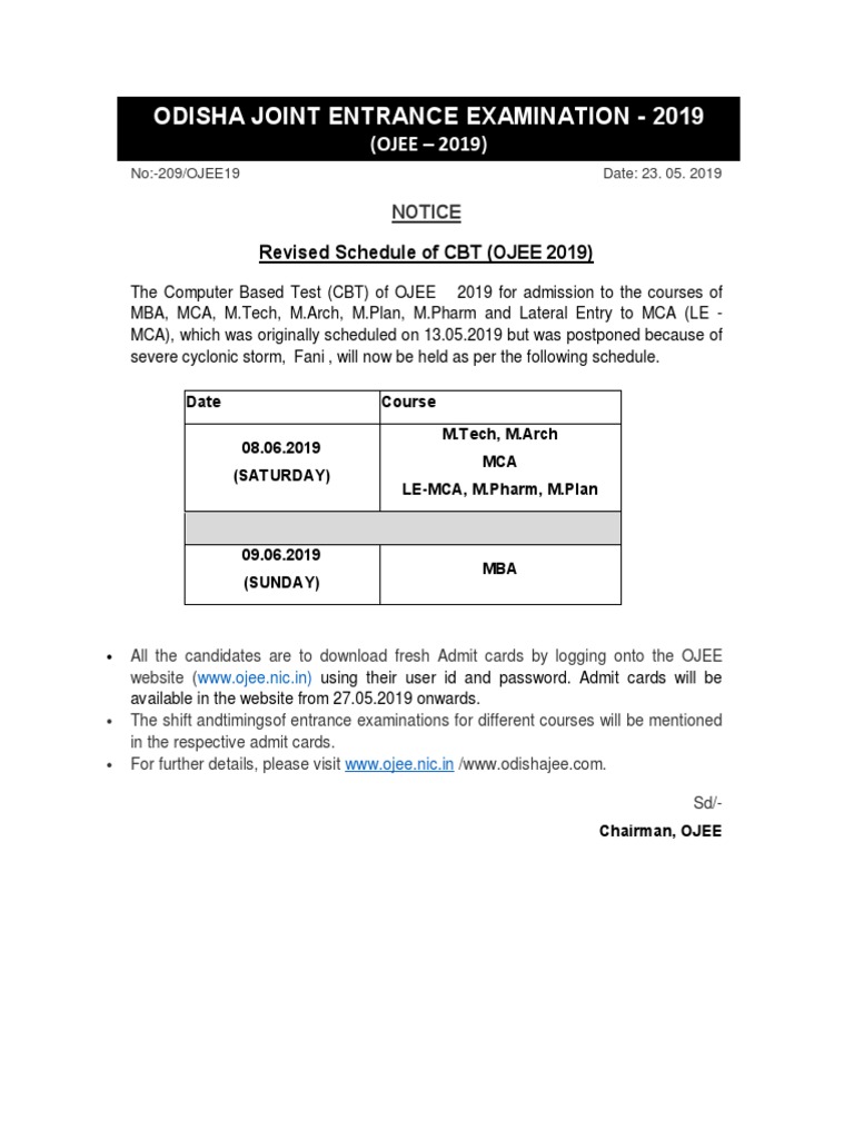 Odisha Joint Entrance Examination - 2019: (OJEE - 2019) | PDF