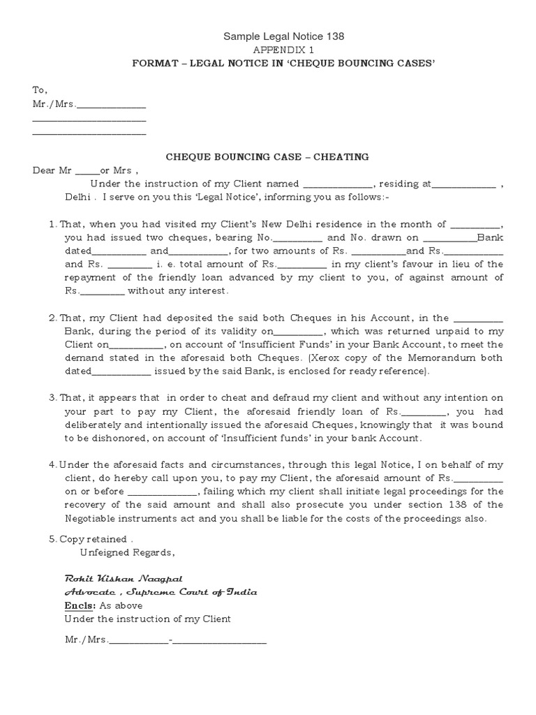 Sample Legal Notice 138 | PDF | Cheque | Negotiable Instrument