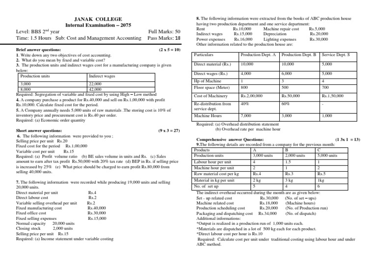 BBS 2nd Year Question | PDF | Cost | Business Economics