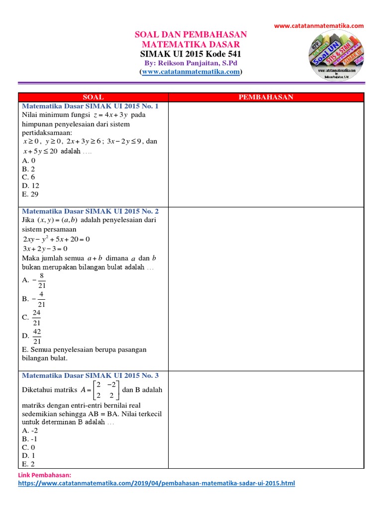 Soal Matematika Dasar SIMAK UI 2015 Kode 541 | PDF