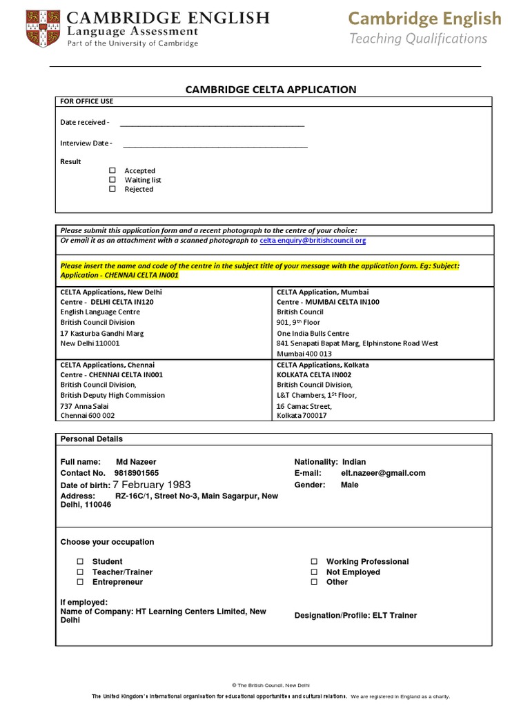 Celta Application Form 2019 - 0 0 | PDF | Human Communication | Cognition
