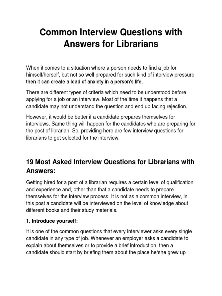 Common Interview Questions With Answers For Librarians | PDF ...