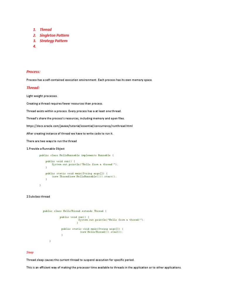 Thread 2. Singleton Pattern 3. Strategy Pattern 4.: Sleep | PDF | Constructor (Object Oriented ...