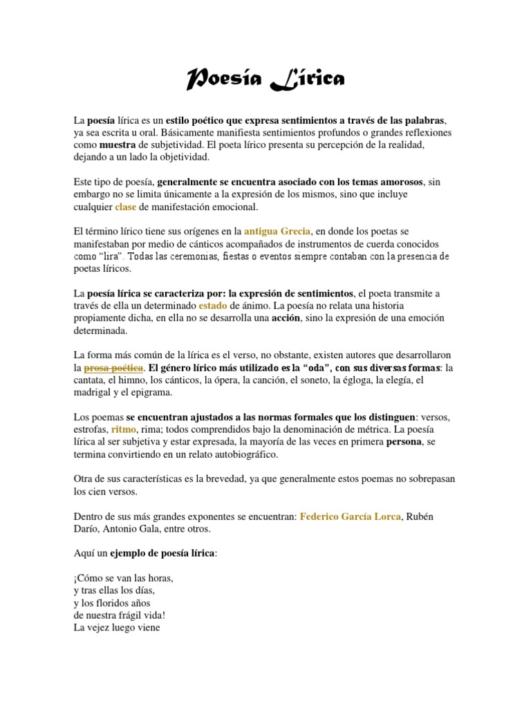 Características de la Poesía Lírica | PDF | Metro (poesía) | Poesía lírica