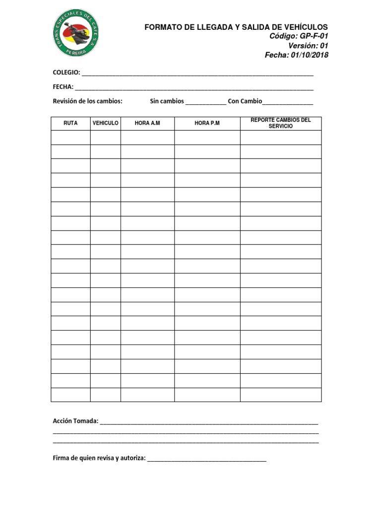 GP-F-01 Formato de Llegada y Salida de Vehiuculos | PDF