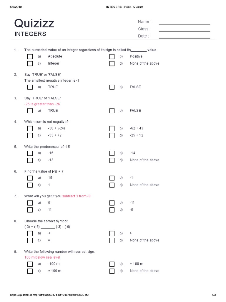 INTEGERS - Print - Quizizz | PDF | Integer | Numbers