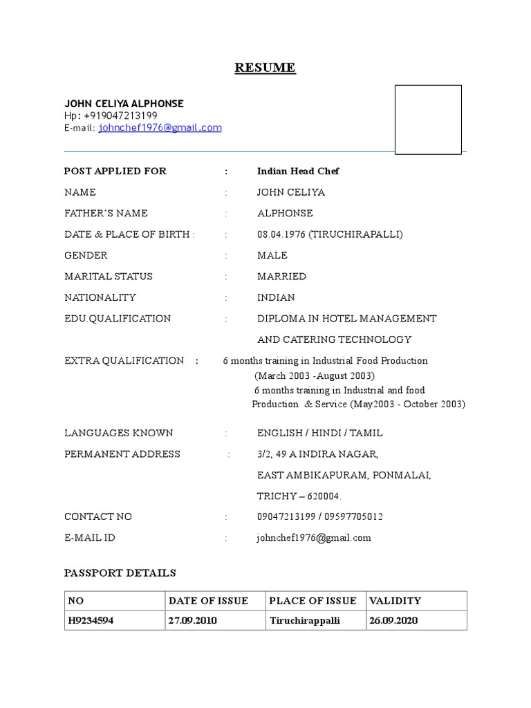 Indian Chef Resume | PDF | Indian Cuisine | Chef