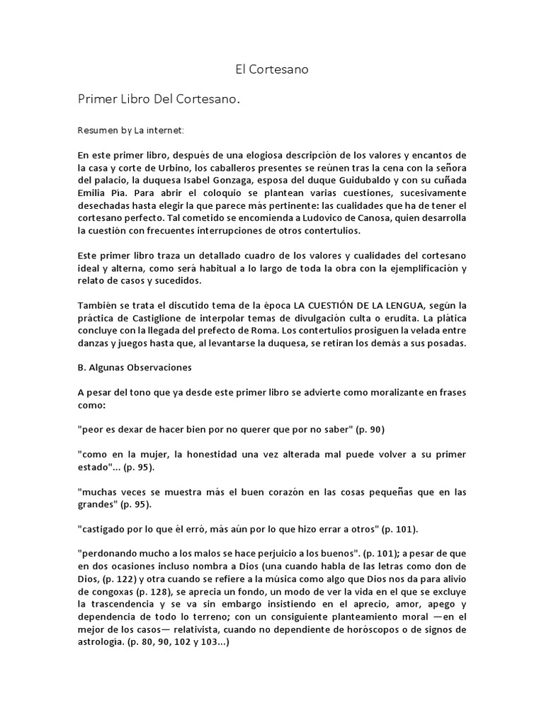 El Cortesano: Virtudes del Ideal Perfecto | PDF | Nobleza | Escritura