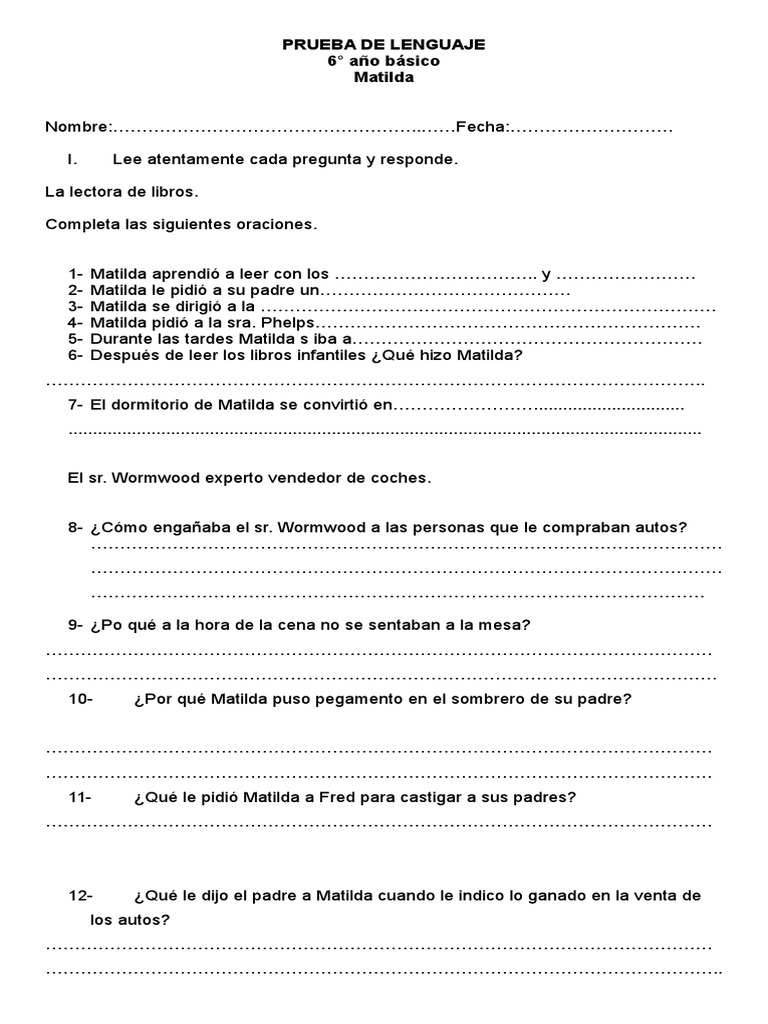 Resumen de la novela Matilda de Roald Dahl: Prueba de lenguaje sobre los personajes y sucesos ...