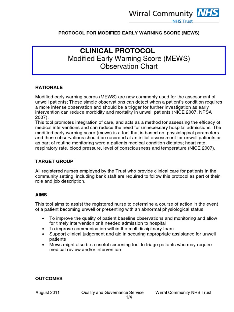 Modified Early Warning Score (MEWS) Observation Chart: Clinical ...