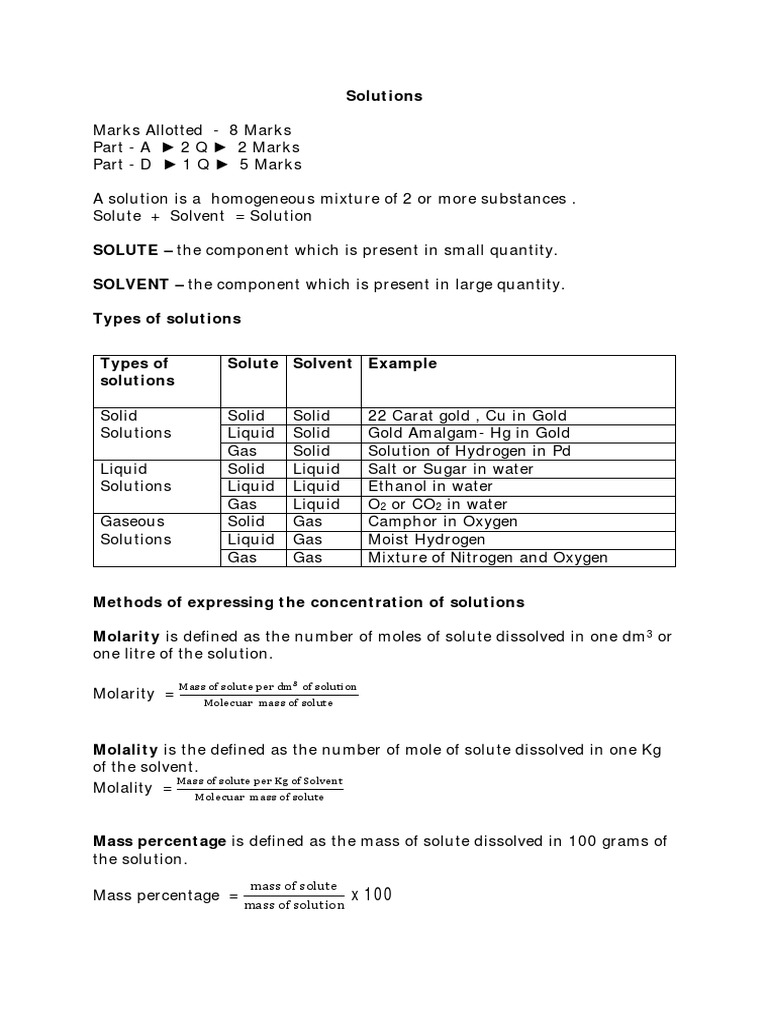 Solutions Notes PDF | PDF | Solution | Solubility