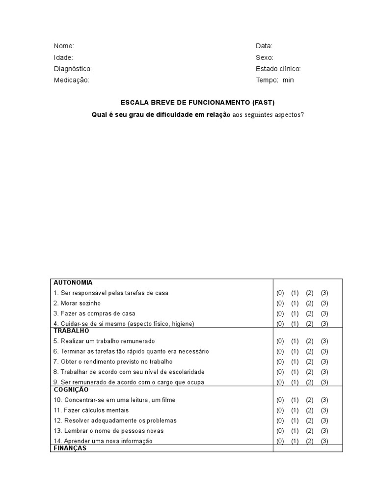 Avaliação do funcionamento do paciente através da Escala Breve de ...