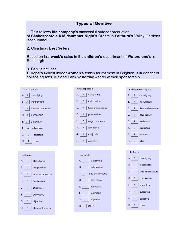Types of Genitive Exercise | PDF