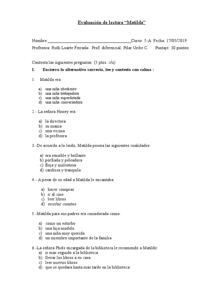 Prueba de Matilda PIE | Descargar gratis PDF | Ocio