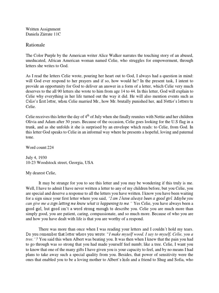 Written Assignment The Color Purple | PDF