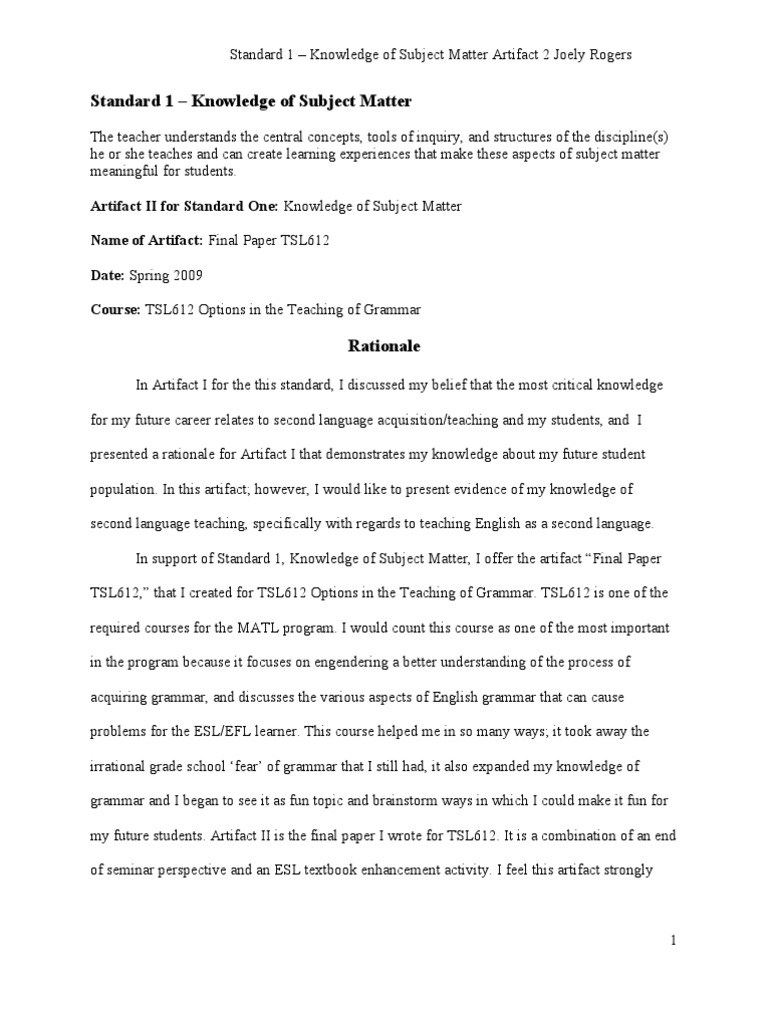 Standard 1 - Knowledge of Subject Matter | PDF | English As A Second Or ...