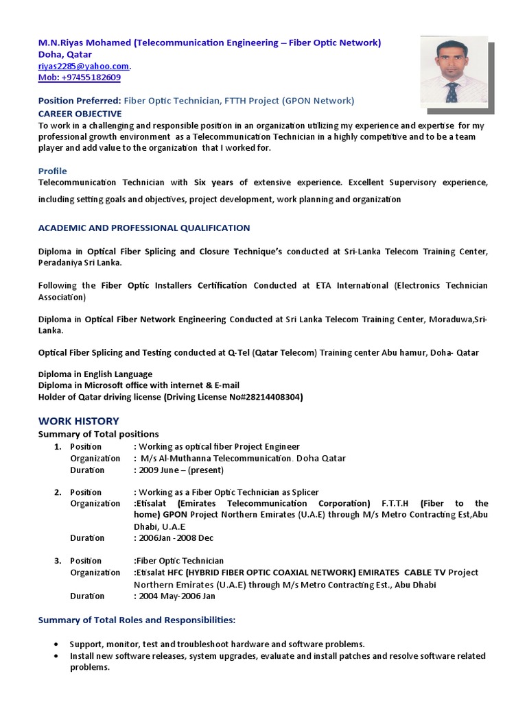 Fiber Optic Technician Resume Summary | PDF | Computer Network | Fiber ...