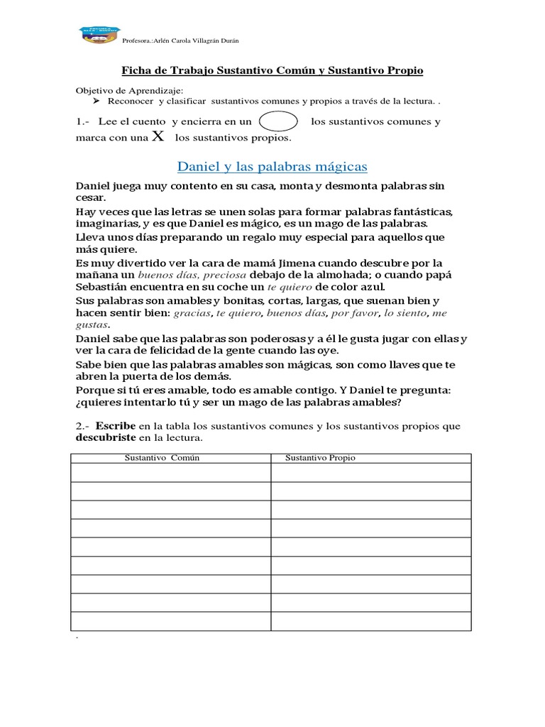Hoja De Trabajo Sobre Sustantivos Comunes Y Sustantivos Propios