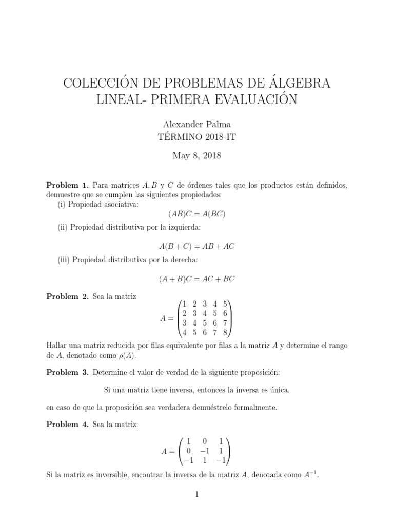 Problemas de Lgebra Lineal Primer Parcial ESPOL | PDF | Matriz (Matemáticas) | Álgebra lineal