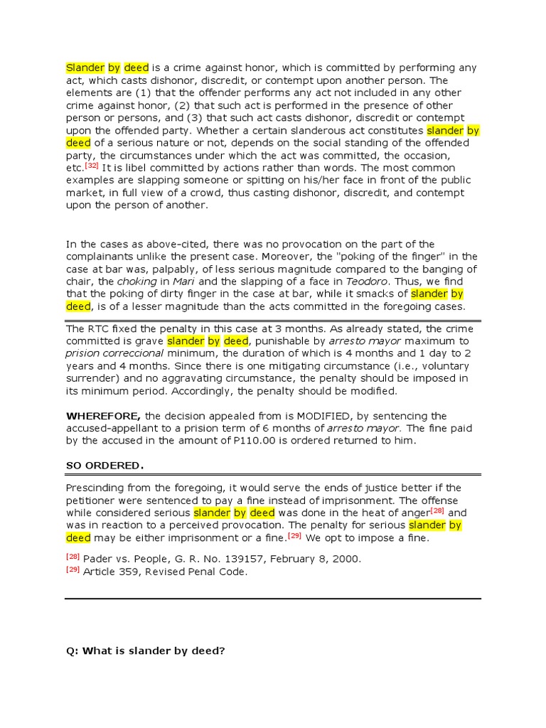 Slander by Deed | PDF | Defamation | Fine (Penalty)