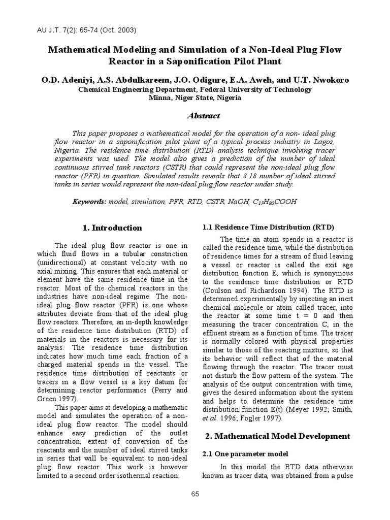 Mathematical Modeling and Simulation of A Non-Ideal Plug Flow Reactor in A Saponification Pilot ...