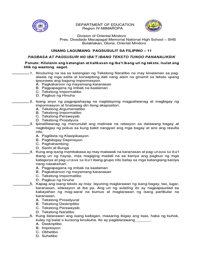 3rd Quarterly Exam Sa Pagbasa at Pagsusuri NG Iba't Ibang Teksto Tungo ...