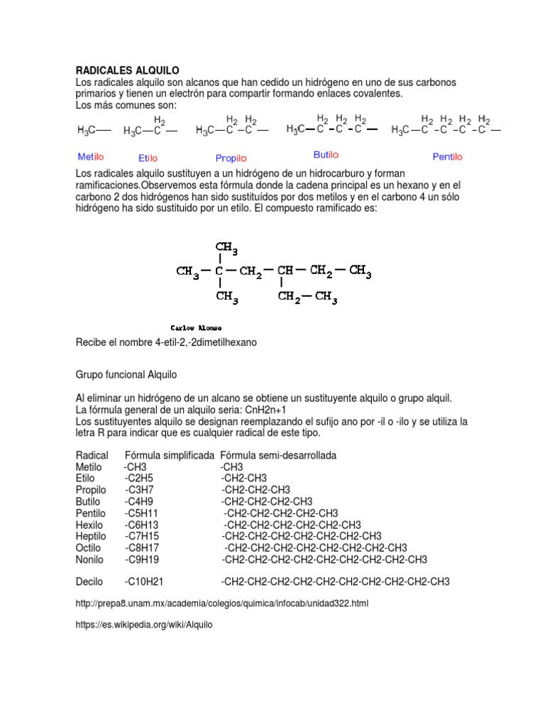 Radicales Alquilo: Estructura y Tipos | PDF | Alcano | Moléculas