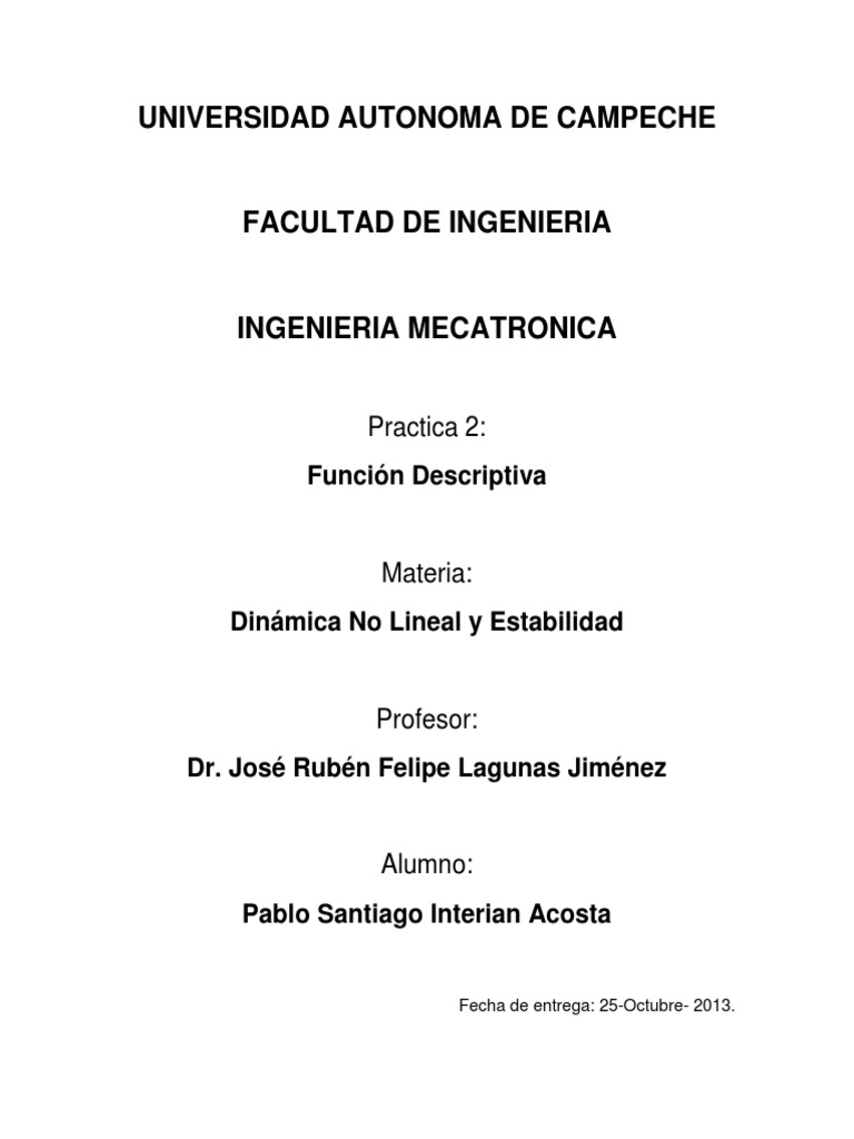 Reporte Practica 2 Funcion Descriptiva | PDF | Matlab | Sistema no lineal