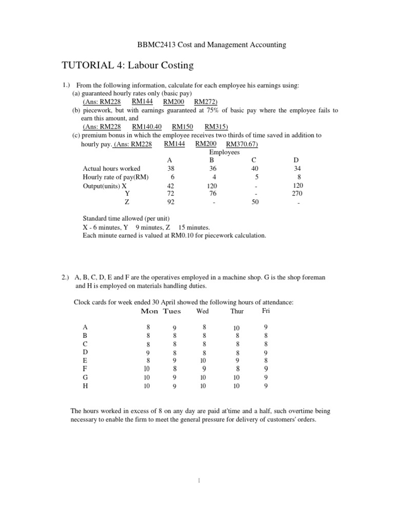 Tutorial 4 - Labour Costing | PDF | Piece Work | Labor