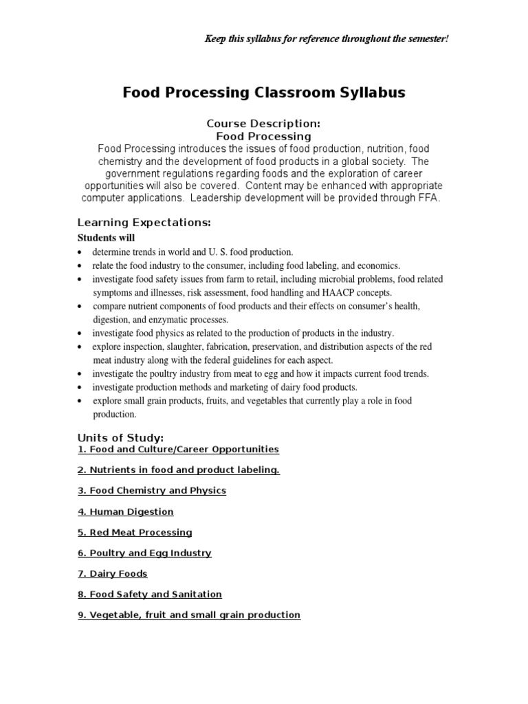 Food Processing Course Syllabus | PDF