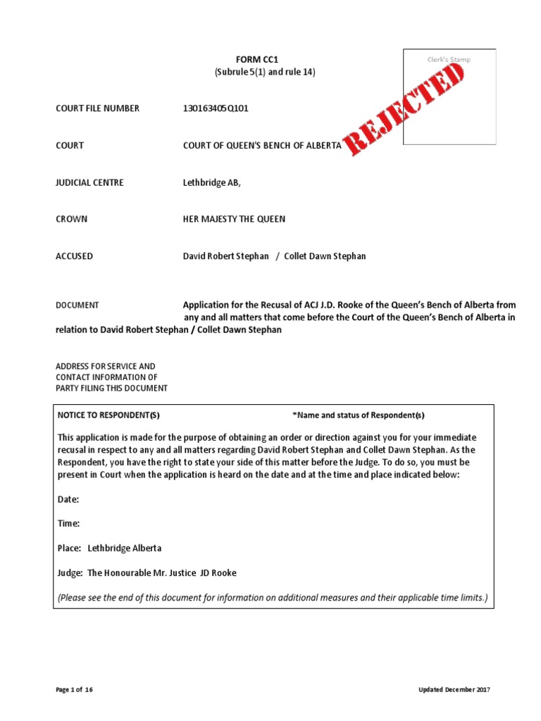 Recusal Application John Rooke cc1 | PDF | Judge | Lawsuit