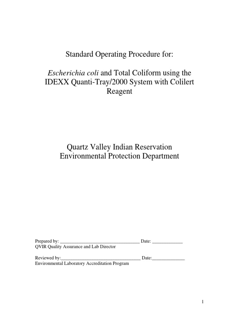 Escherichia Coli and Total Coliform Using The IDEXX Quanti-Tray 2000 ...